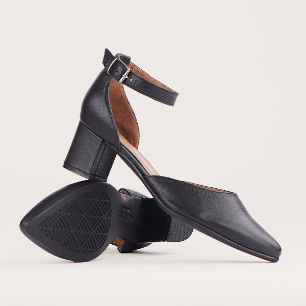Pointed Block Heel with Ankle Strap in Black - Froggie | Leather Shoes ...